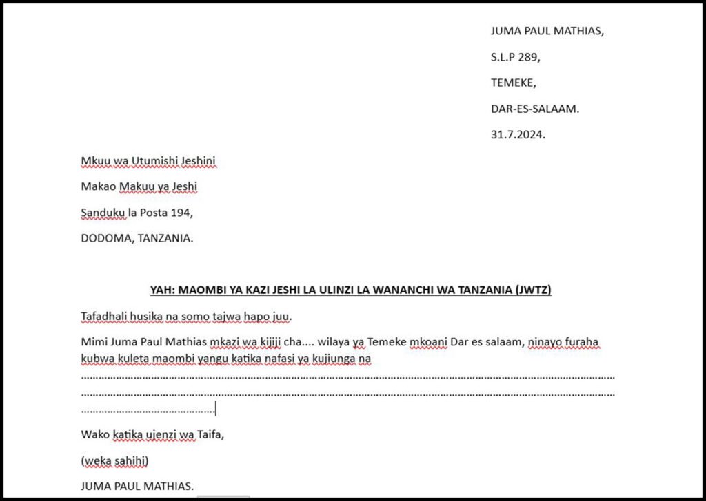 Mfano na Muundo wa Barua ya Maombi ya Kazi Kujiunga Jeshi la Wananchi ...